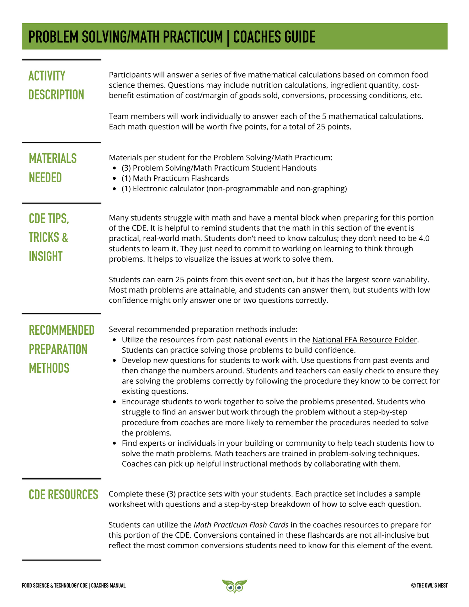 Food Science & Technology CDE Coaches Manual | The Owl's Nest