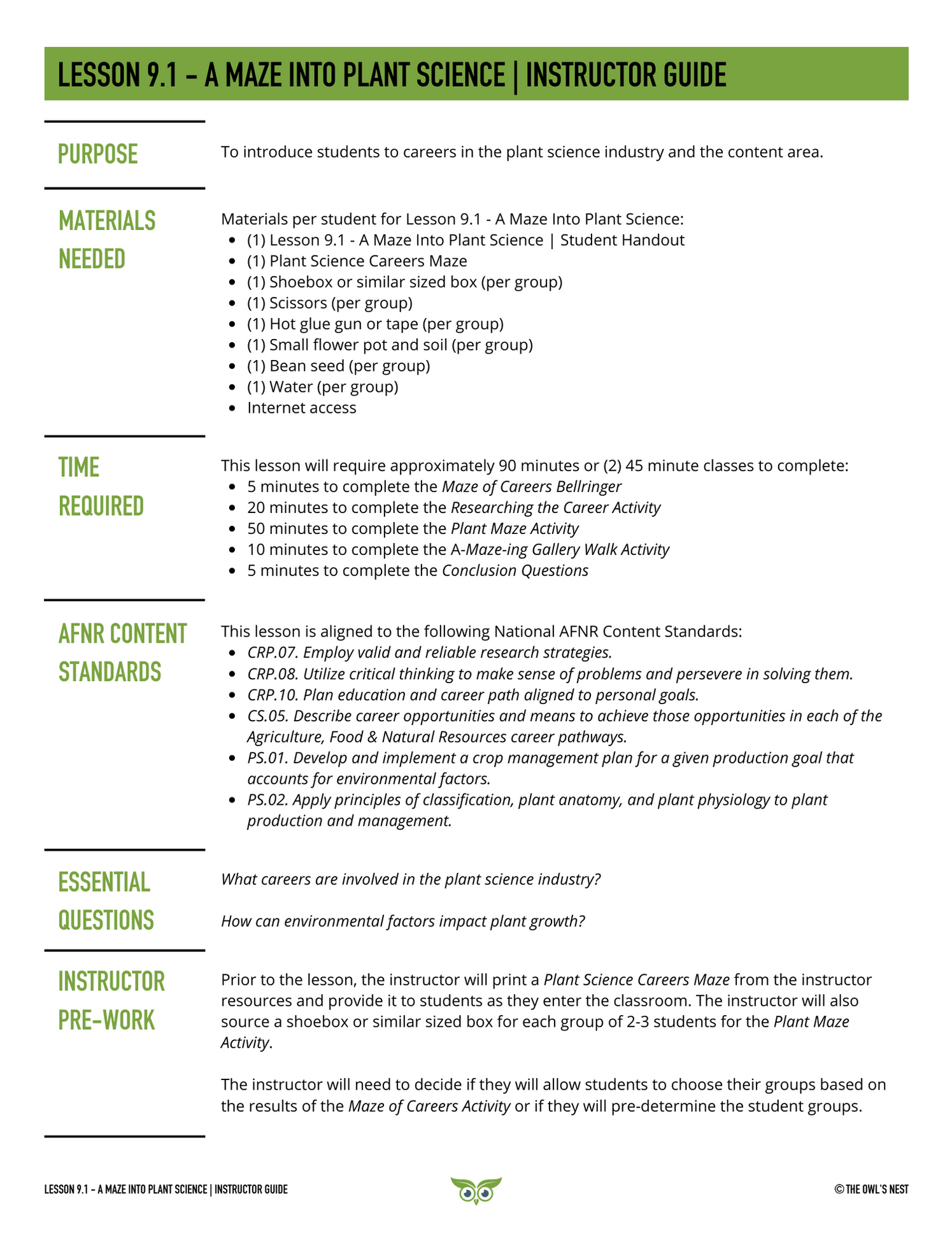 Free - Careers in Plant Science Lesson | The Owl's Nest