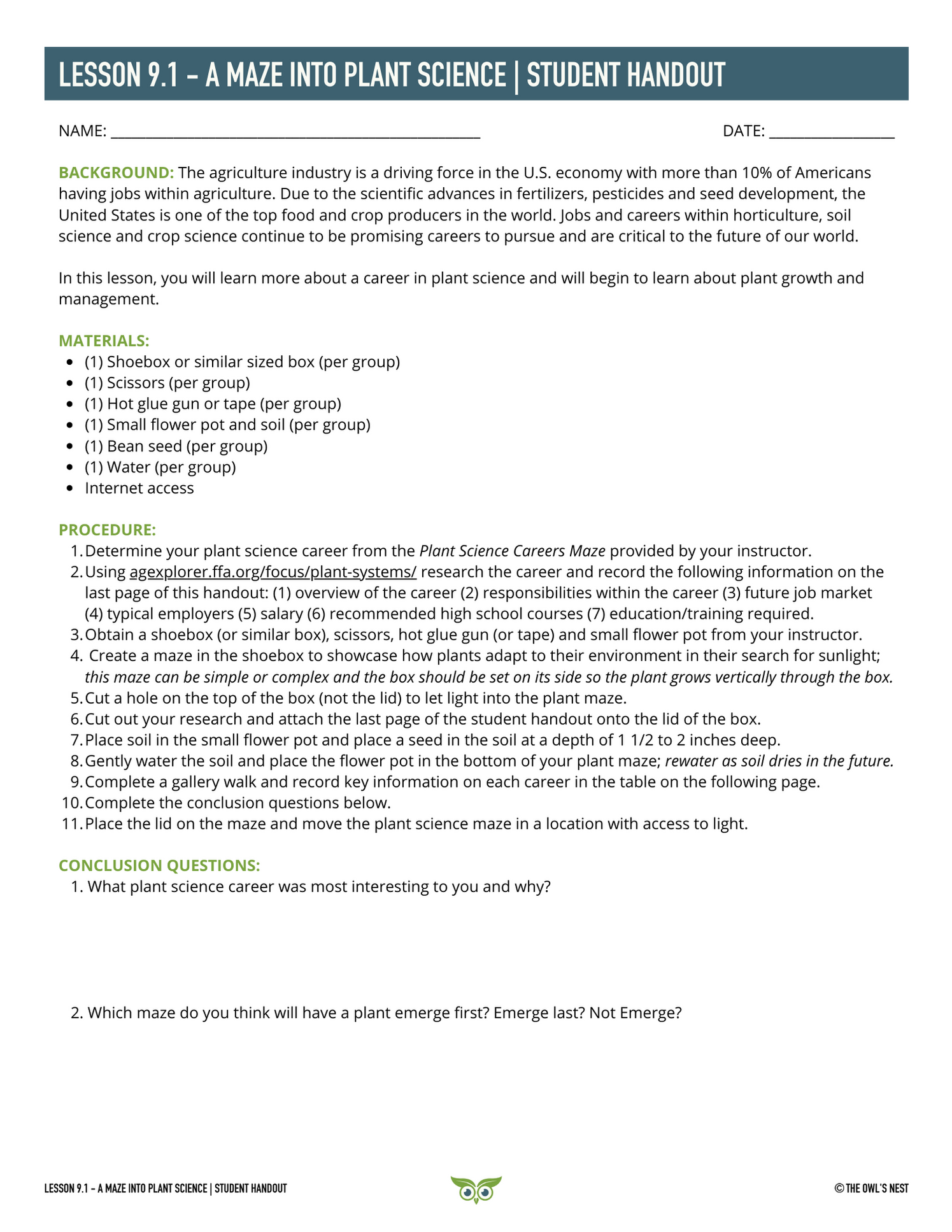 Free - Careers in Plant Science Lesson | The Owl's Nest